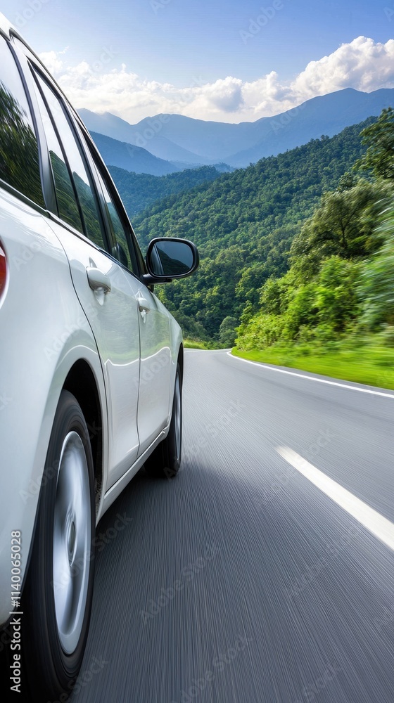 Reflective surface of a car side mirror shows a rapidly passing city ...