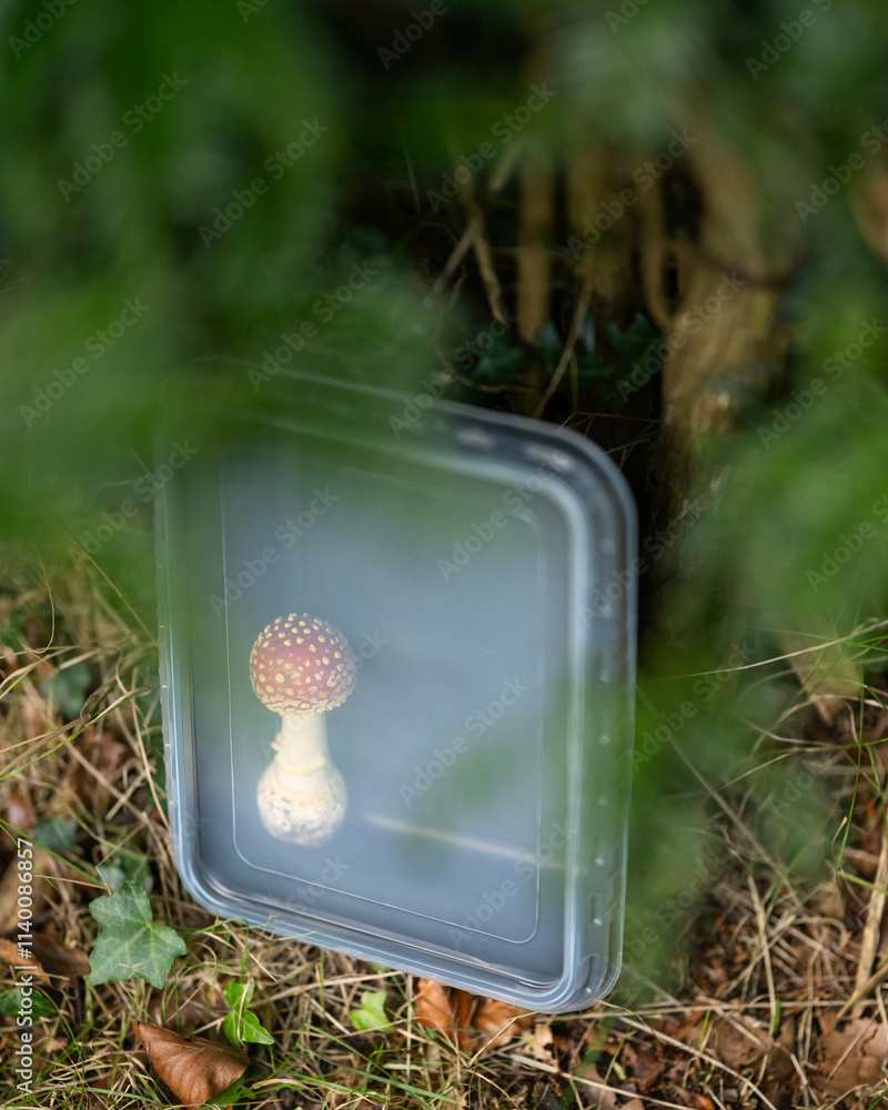 Red fly agaric mushroom in Black plastic container. Psychedelic ...