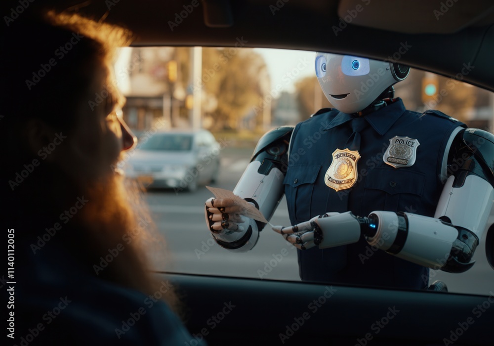Futuristic robot police officer handing a ticket to a driver during a ...