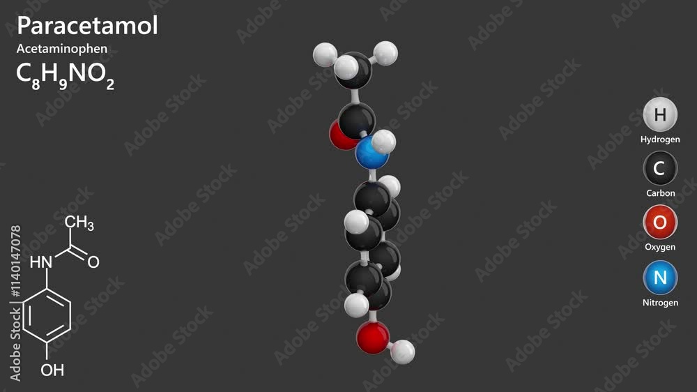 Paracetamol (acetaminophen). Animated 3D model of medication molecule ...