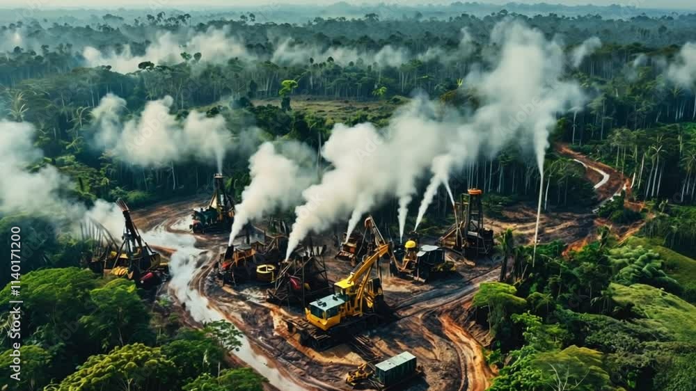 An aerial view of deforestation and ongoing oil drilling operations in ...