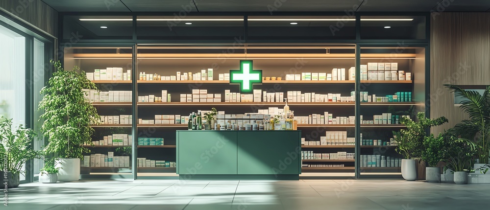 Pharmacy storefront with green cross sign on window, shelves of medical ...