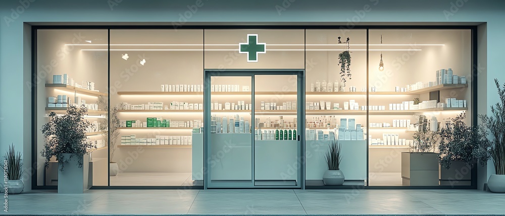 Pharmacy storefront with green cross sign on window, shelves of medical ...