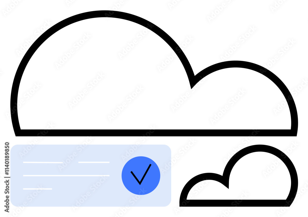 Large and small cloud symbols with checked circle on blue rectangle. Ideal for cloud computing ...