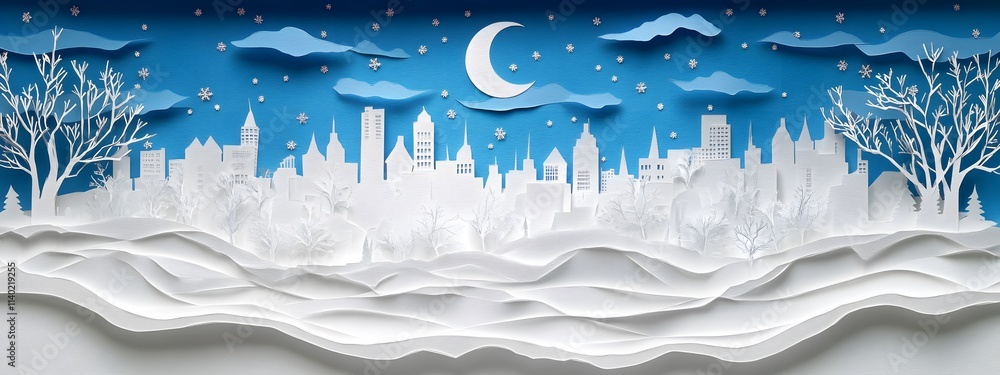 Paper cutout art, depicting a beautiful winter scene with simple shapes ...