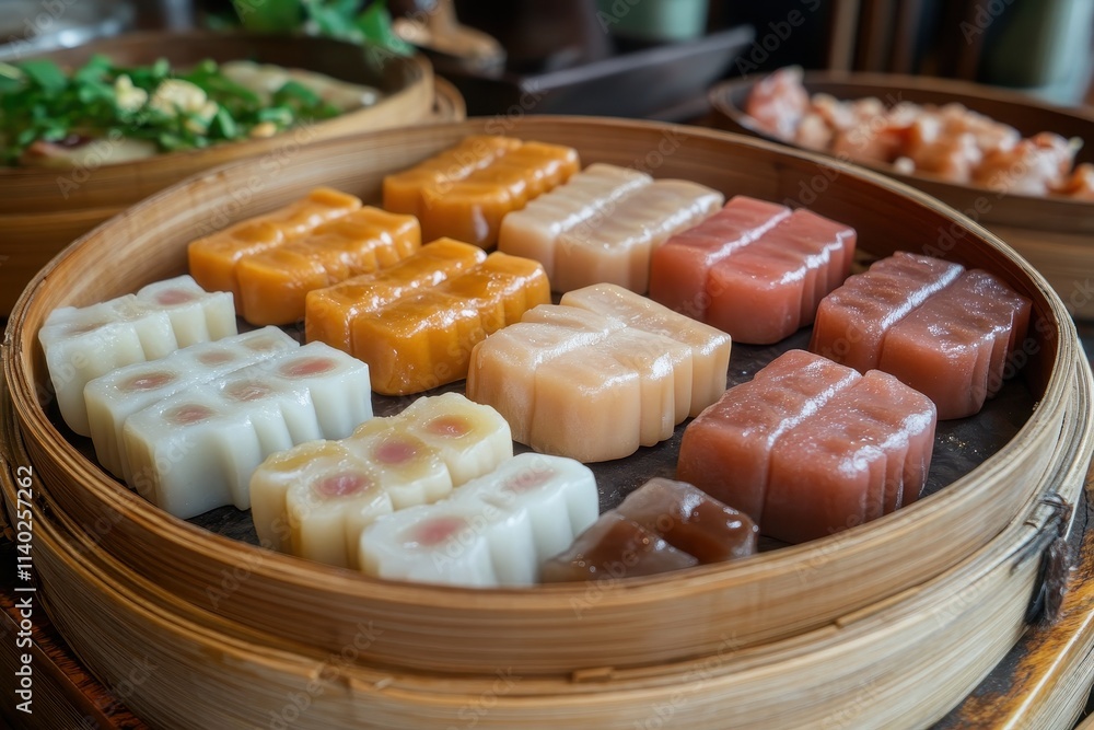 Variety of steamed Ang Ku Kueh a classic Chinese pastry displayed with ...