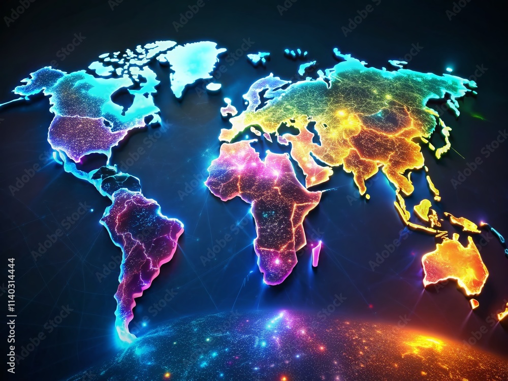 Colorful 3D World Map Hologram, Glowing Countries, Global Map, AI ...