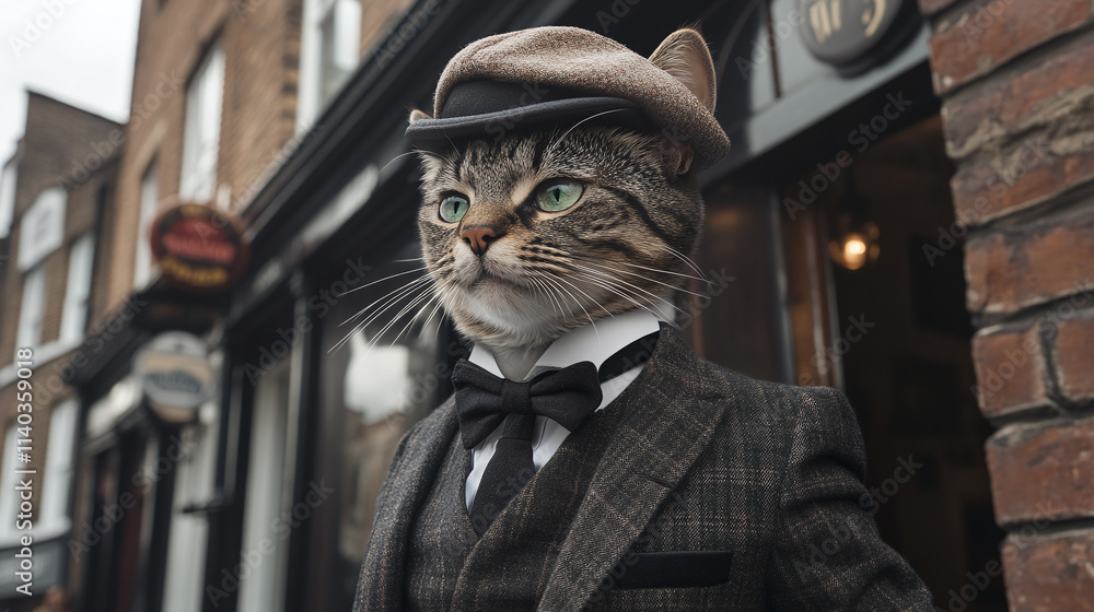 A cat in 80s English mod fashion, wearing a sharp tailored suit and a ...