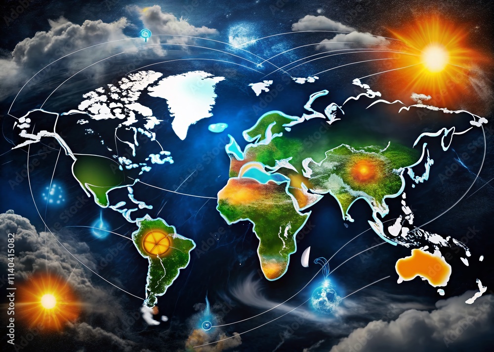 Illustrazione Stock Global Weather Forecast Silhouette Map: World ...