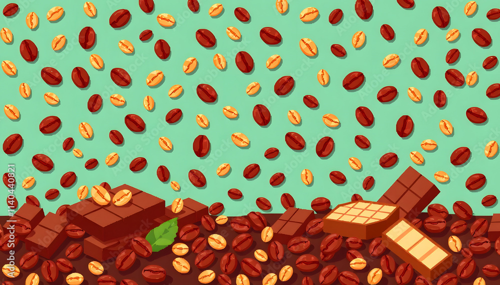 Chocolate background with lots of bars and cocoa beans, pixel art, with ...