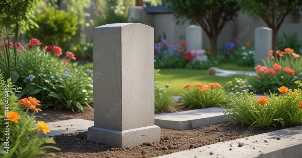 Simple concrete grave marker in a modern garden , urban , clean, garden ...