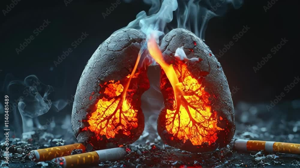 A stark visual of lungs burning with fiery intensity, surrounded by ...