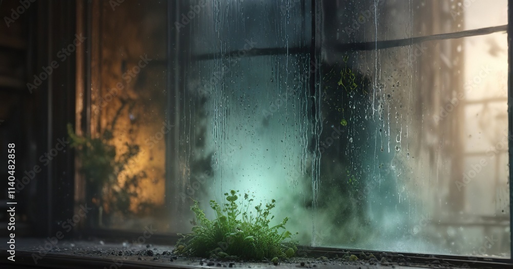 Steamy window with condensation droplets and mould growth, windows, air ...