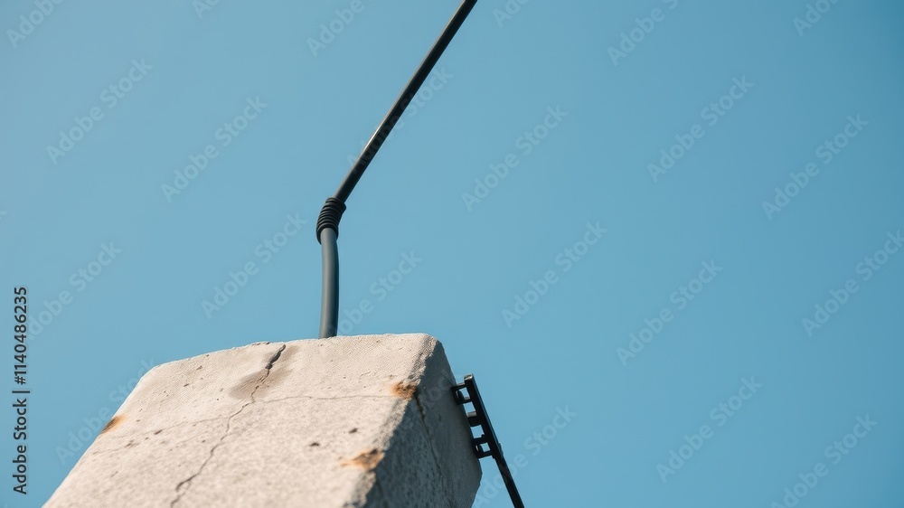 Low-angle view of a weathered concrete utility pole with attached cable ...