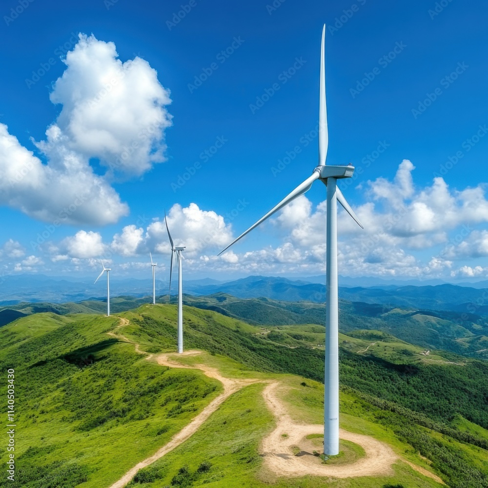 Drone Shot of Wind Turbines Generating Renewable Energy Scenic Hillside ...