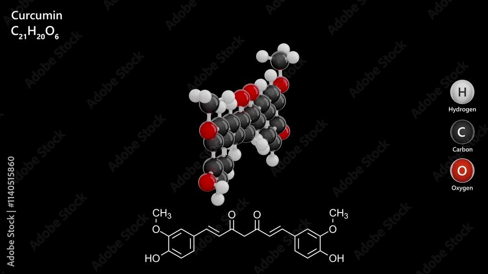 Curcumin. E100 food additive. Animated 3D model of a molecule ...