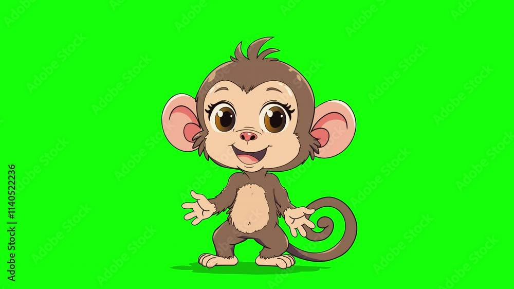 Little cute animated monkey waving his hand. Green Screen background ...