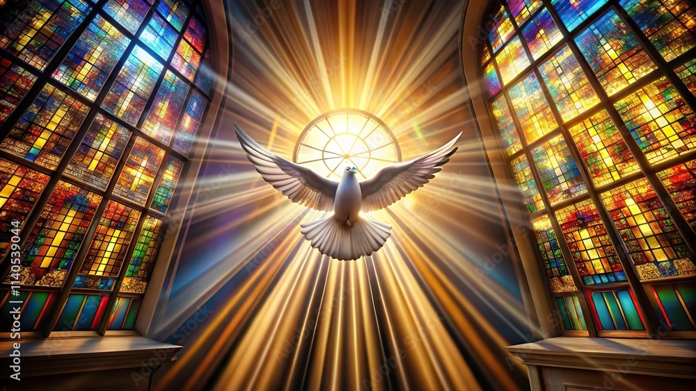 Stained glass dove descending amid beams of light into church Stock ...