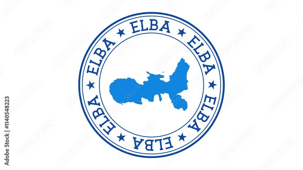 Elba intro. Badge with the circular name and map of island. Elba round ...