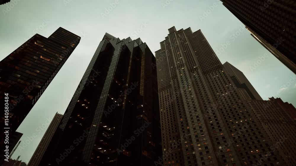 A breathtaking view of towering skyscrapers overlooking a bustling city ...