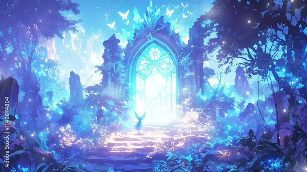 A magical portal glows brightly amidst trees at dusk, inviting ...