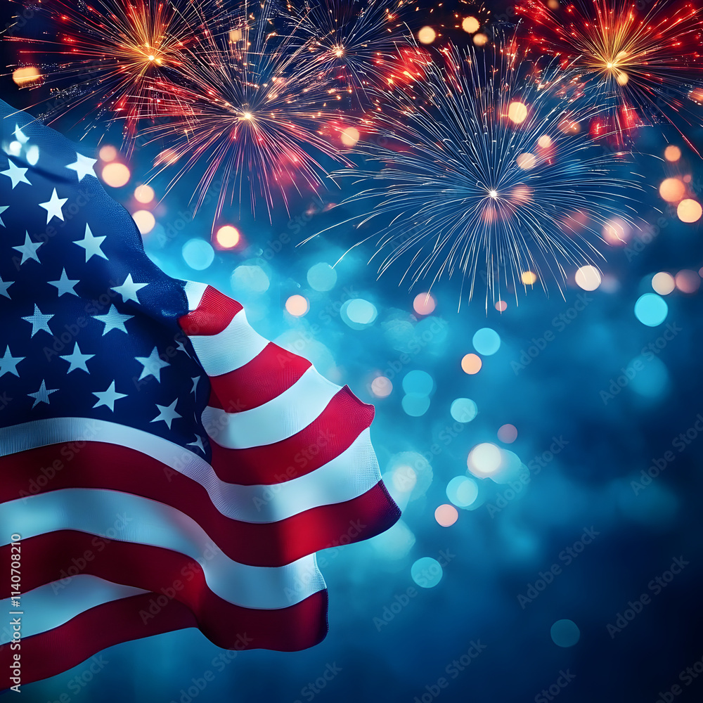 An American flag positioned on the left side, the flag drapes ...