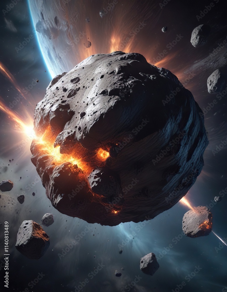 Large asteroid with a prominent impact crater and a debris trail behind ...