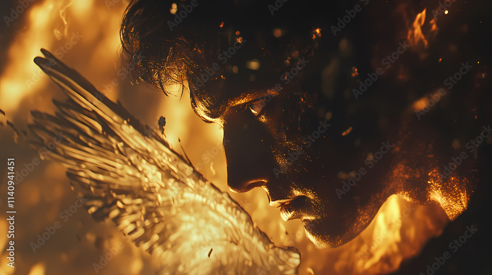 Close-up of an angel in human form on fire, his gaze piercing through ...