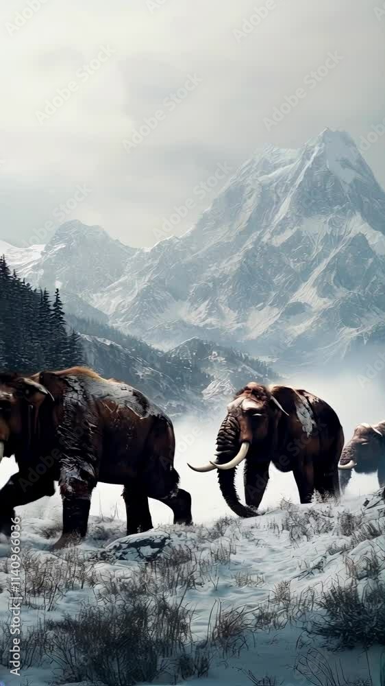 Group of woolly mammoths walk on snow during ice age, vertical view of prehistoric animals in ...