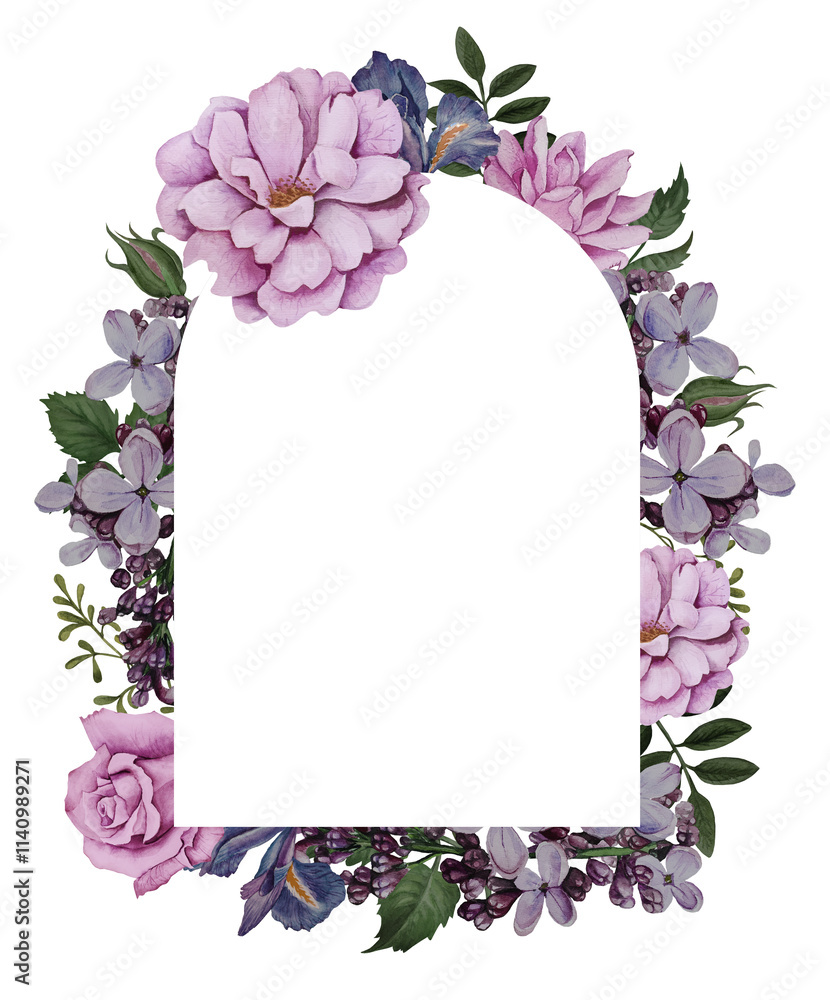 Beautiful arc frame with watercolor flowers and leaves. Border of pink ...