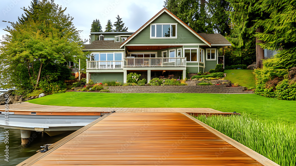 Beautiful lake house with dock shows a large wooden deck leading up to ...