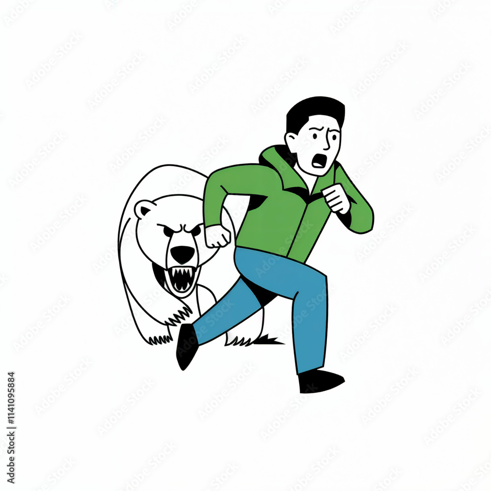 An illustration of a Polar Bear chasing a man or a guy runs for his ...
