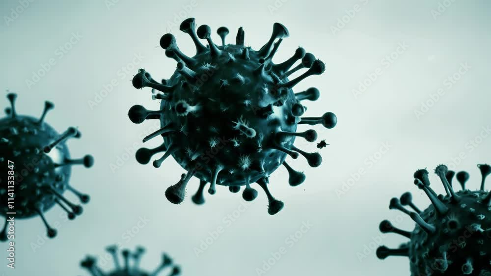 Virus animation, microscopic view of floating influenza virus cells ...