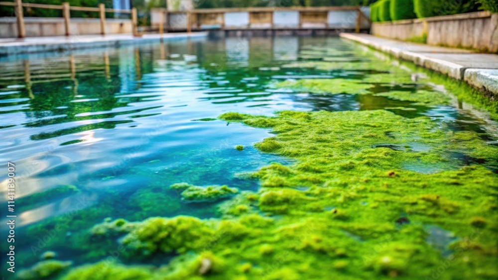 Dirty moss water with green algae on the surface of a pool , pool ...