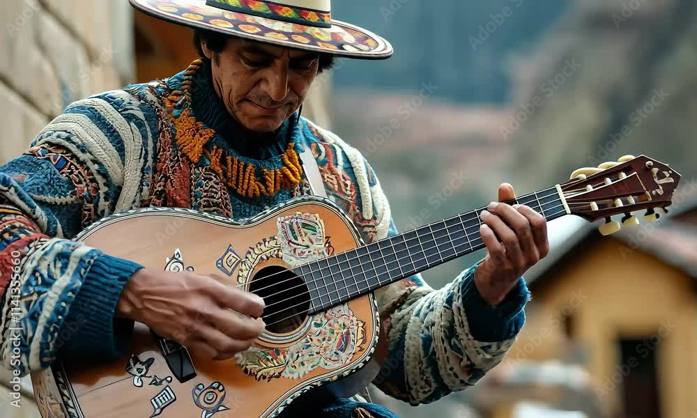 Indigenous Musician Playing Traditional Guitar in Colorful Knit Sweater ...