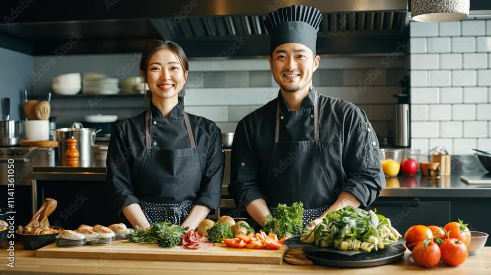 Two Japanese chefs smile and pose in front of a table full of food. T ...