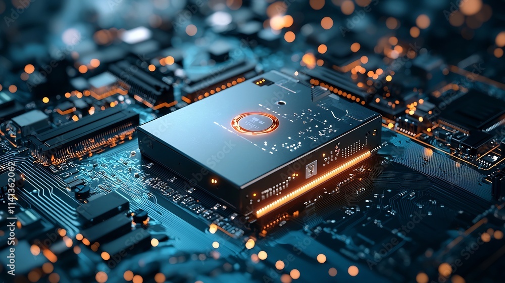 A floating external hard drive with a glowing LED indicator set against ...