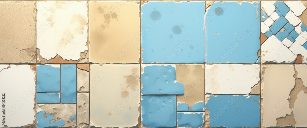 Photograph of a section of a tiled wall with a mix of blue, beige, and ...