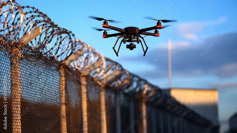 Drone flying over prison perimeter fence with barbed wire, Stock Photo ...