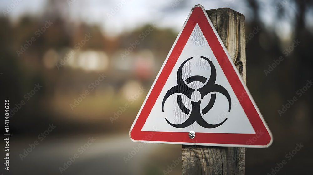 Close-up of redacted warning sign featuring biohazard symbol ...