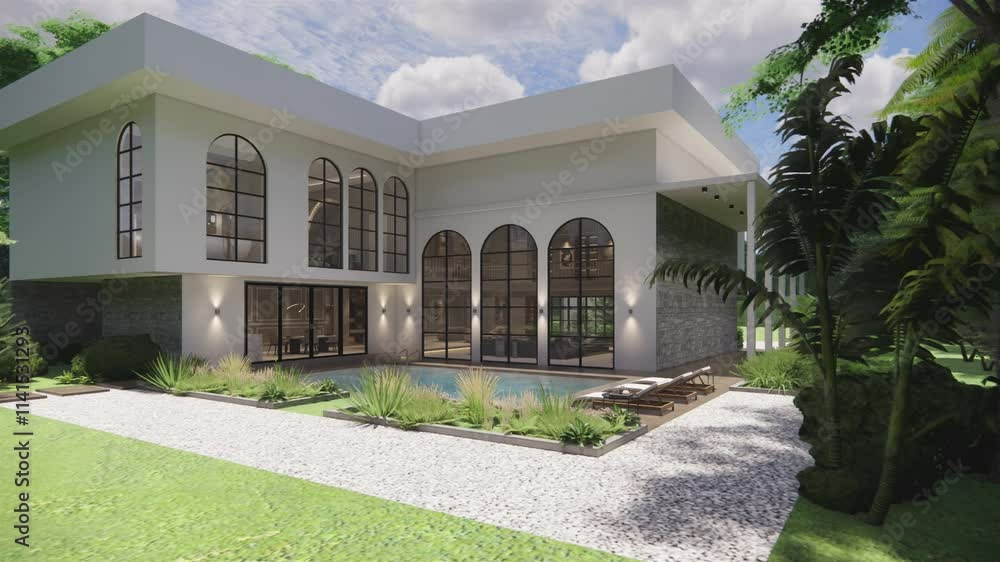 Modern house exterior with garden landscape .3D rendering model of the ...