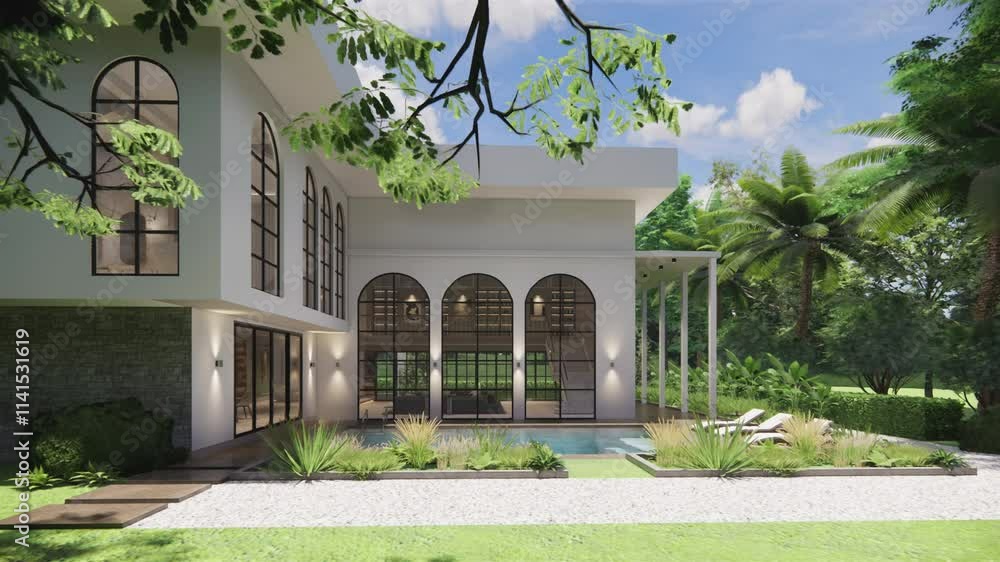 Modern house exterior with garden landscape .3D rendering model of the ...