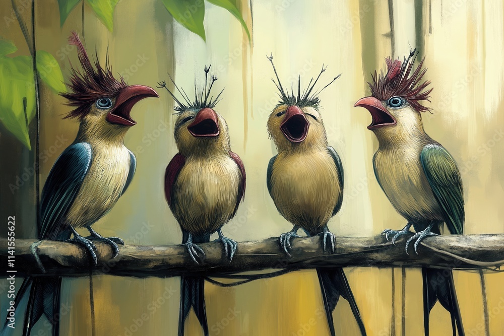 Four singing birds with distinctive crests perched in line on branch ...