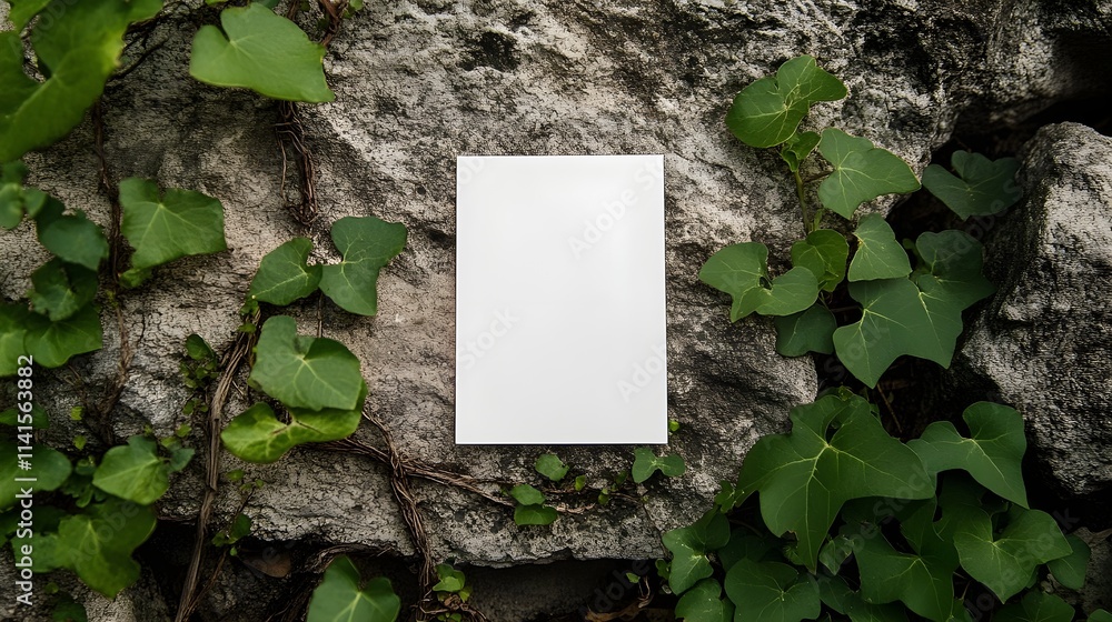 An empty white card placed upright on a natural stone slab with green ...