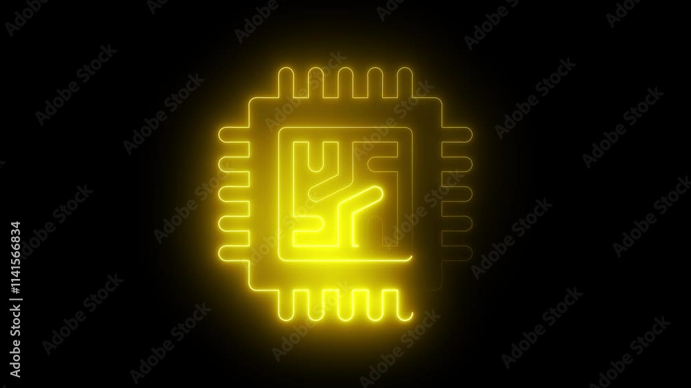 CPU icon animation by yellow color neon on black background. Stock ...