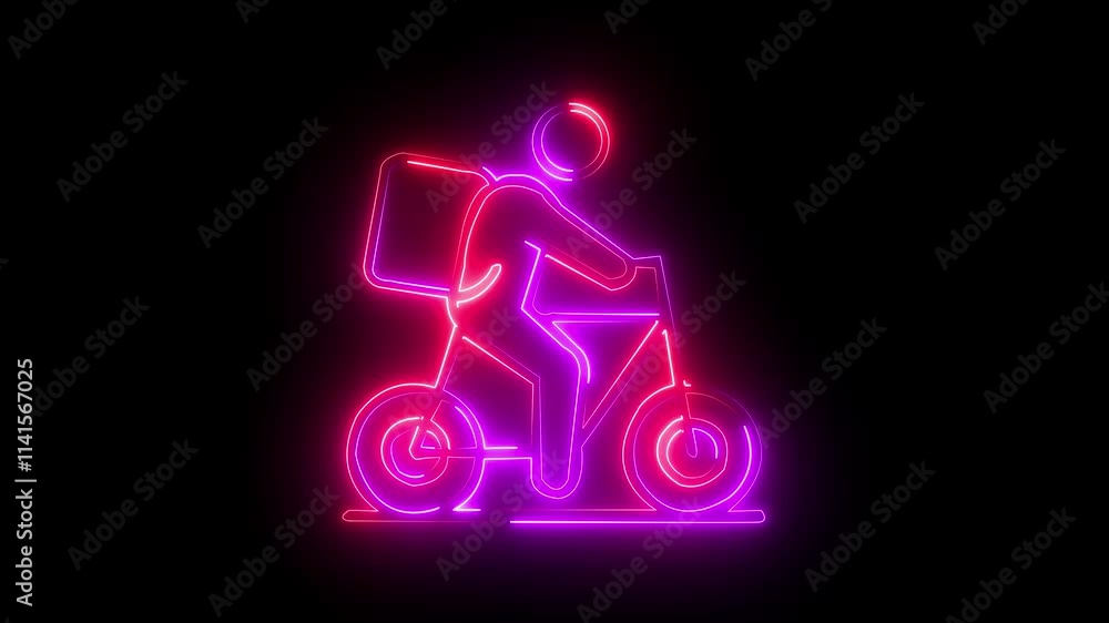 delivery man cycle icon abstract seamless animation of 4K neon lines ...