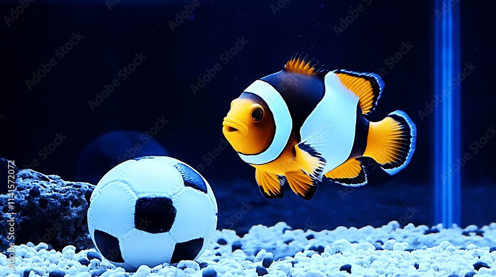 Amused Clownfish Engaging With Soccer Ball in Marine Tank for Aquatic ...