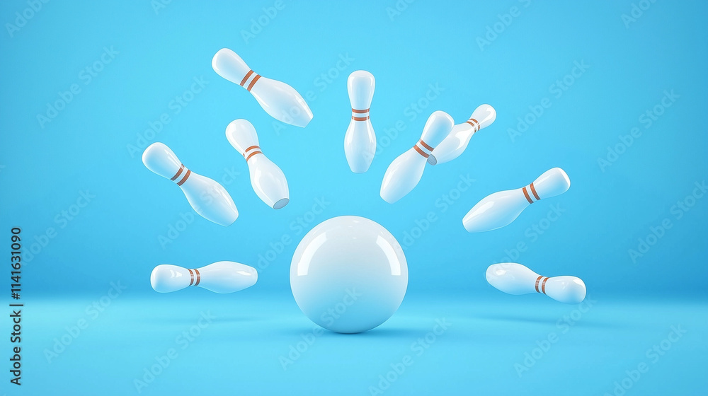 Bowling Strike: Minimalist 3D render of a bowling ball knocking down ...