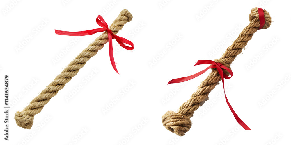 Long tug of war rope pulled tight, with red ribbon tie. Concept of ...