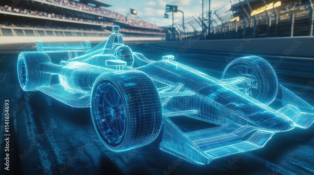 A glowing blue wireframe hologram of an Indy car on a racetrack ...